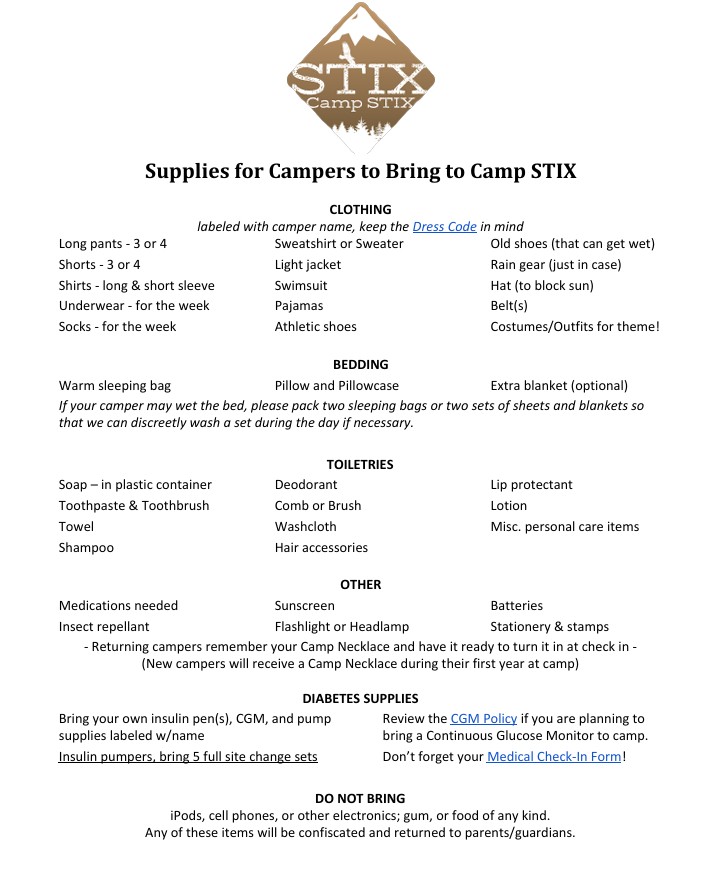 Parent/Camper Handbook | STIX Diabetes Programs